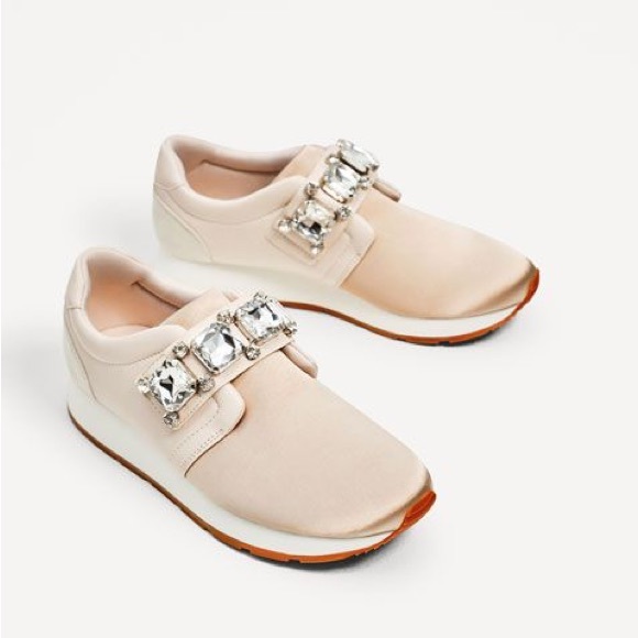 Zara | Shoes | Zara Bejewelled Satin Crystal Embrllished Sneakers In ...